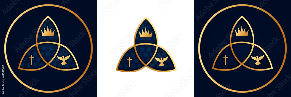 Religious trinity, crown, cross, holy spirit, dove on dark and isolated on white background ...