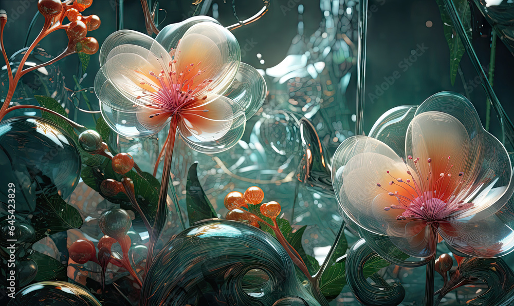Artistic flower arrangement in a glass vase, bubbles and a glass sphere ...