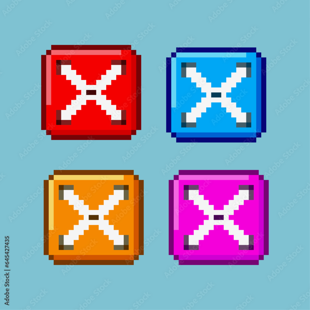 Pixel art sets of x cross button with variation color items asset. red ...