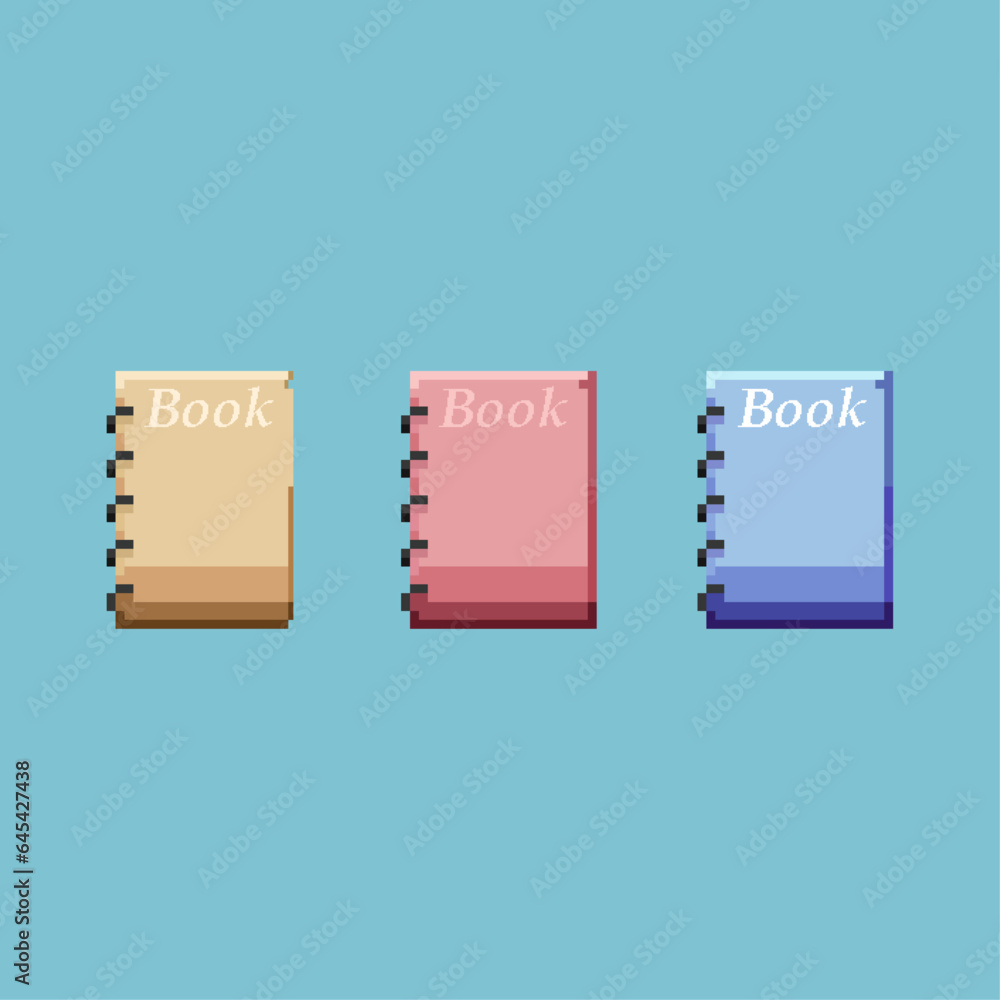 Pixel art sets of book with variation color items asset. brown,red,and ...