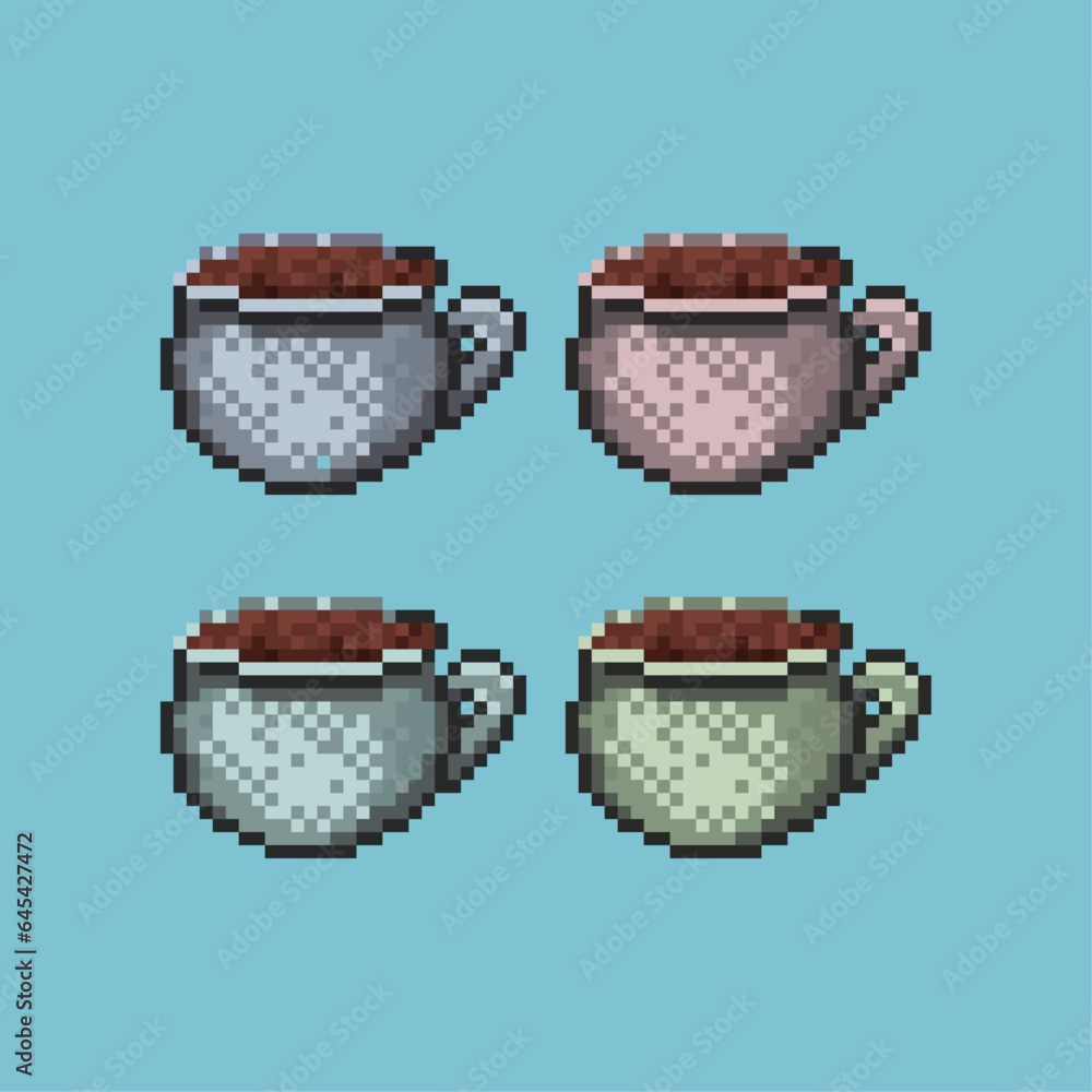 Pixel art sets of glass cup with coffee with variation color items ...