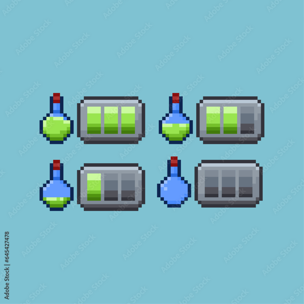 Pixel art sets of poison potion bar fill with variation color items ...