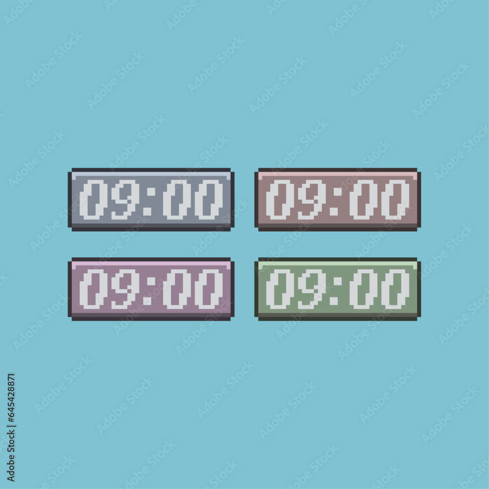 Pixel art sets of digital clock with variation color items asset. alarm ...