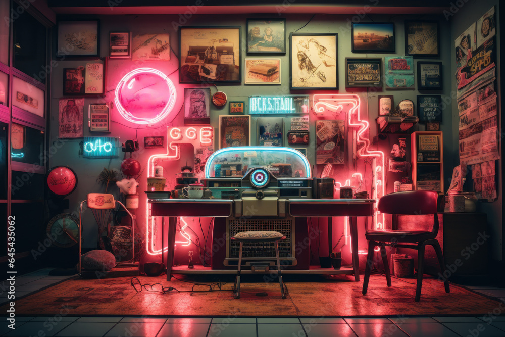 A neon-lit sign with a nostalgic phrase adds a vibrant touch to a room ...