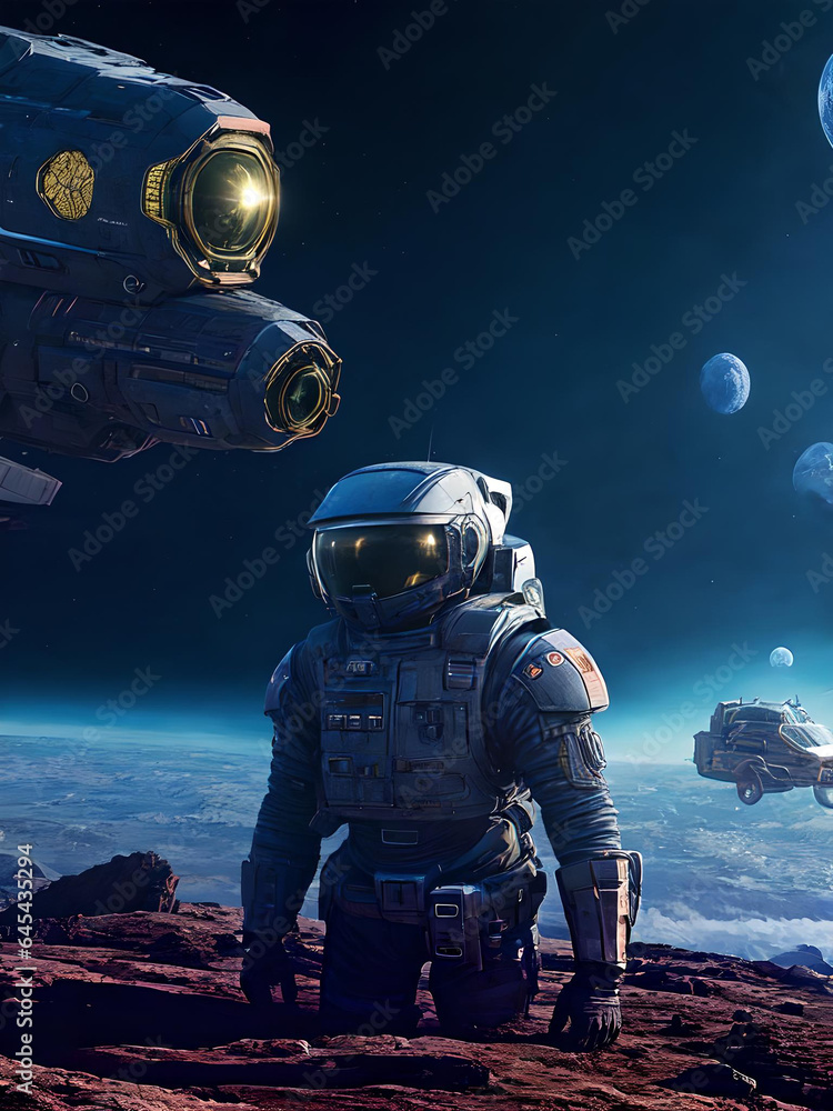 An astronaut exploring a distant planet with a robotic companion ...