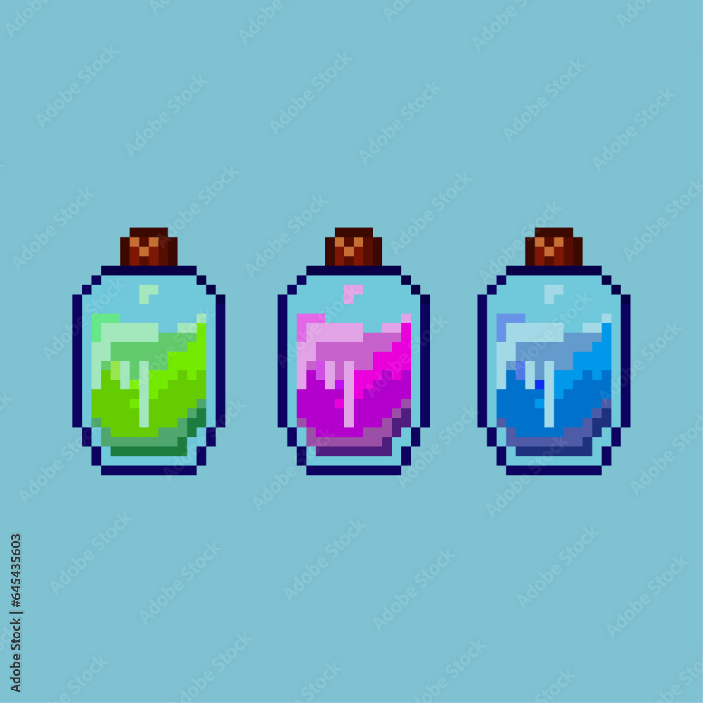 Pixel art sets of potion halloween with variation liquid items asset ...