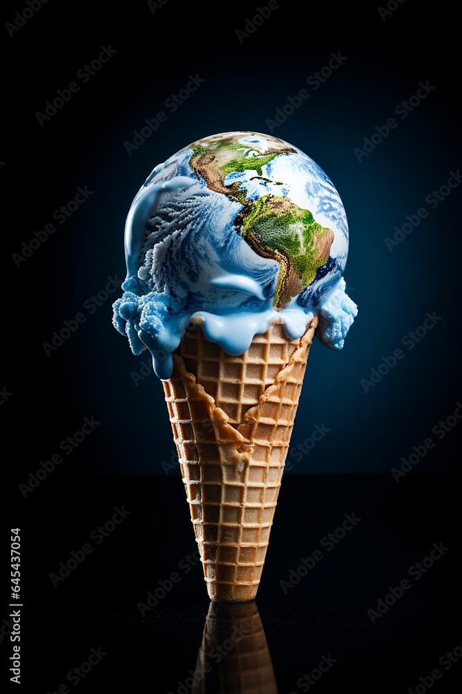 Earth ice cream in waffle cone. Ice cream world is melting, climate ...
