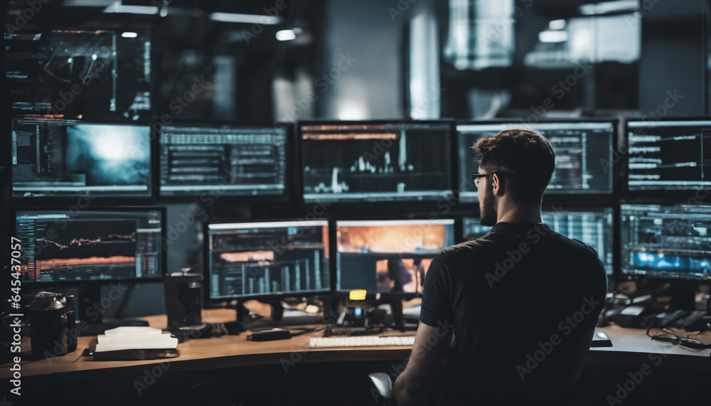 Service Desk Cybersecurity Expert Working On Multiple Monitors Data ...