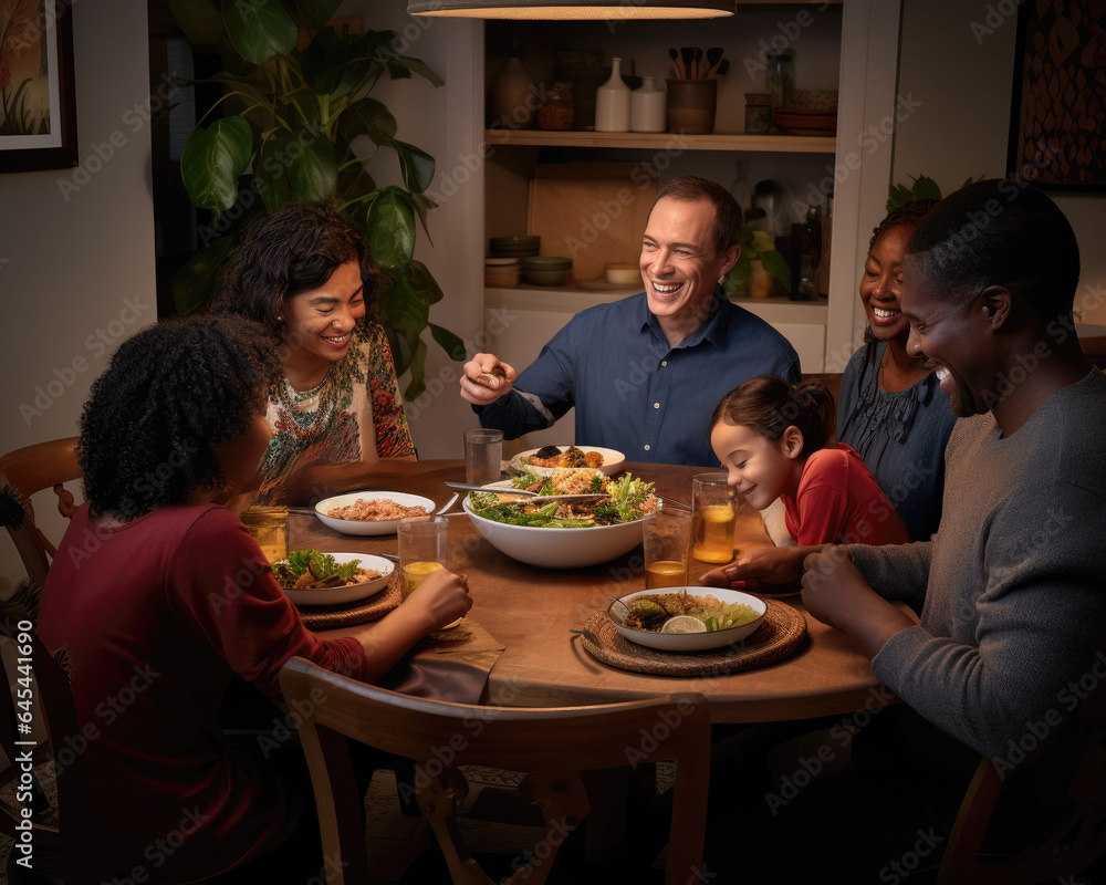 A diverse family gathers at the dinner table for a holiday feast ...