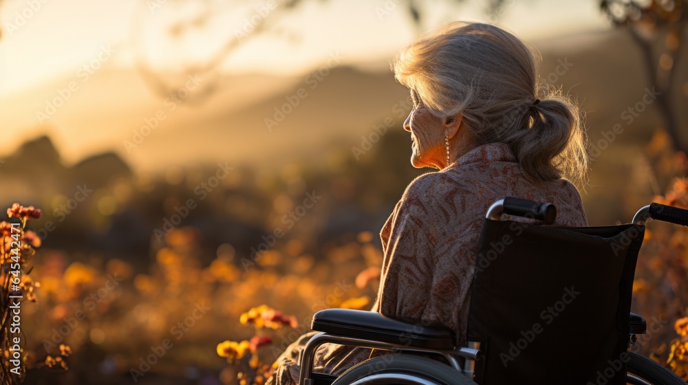 old woman in a wheelchair looking at the sunset Stock Photo | Adobe Stock
