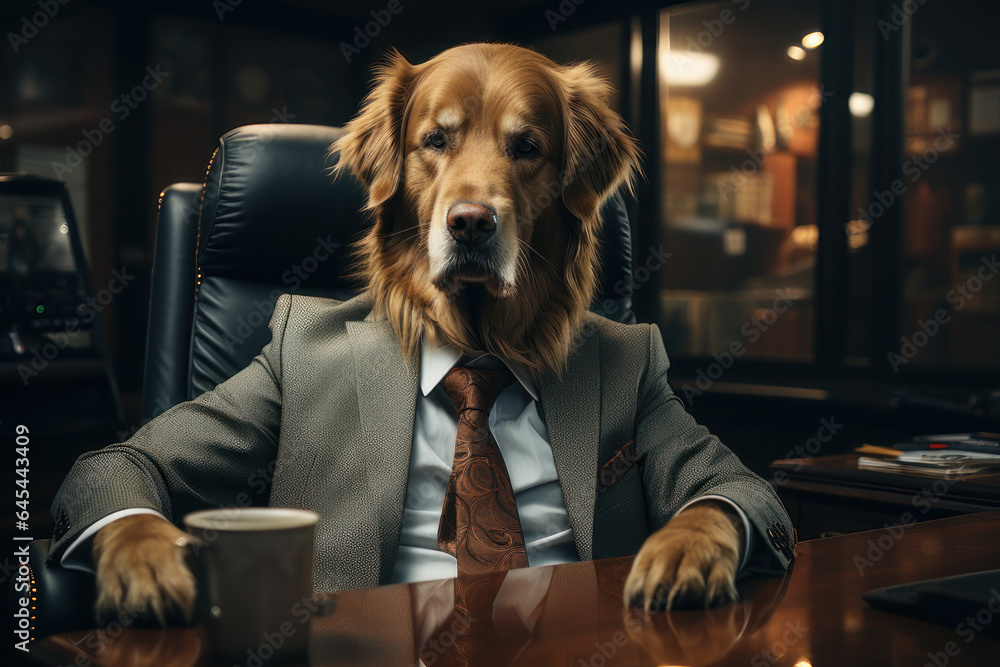 Dog boss, dog in a suit sits at the table in the office. AI generative ...