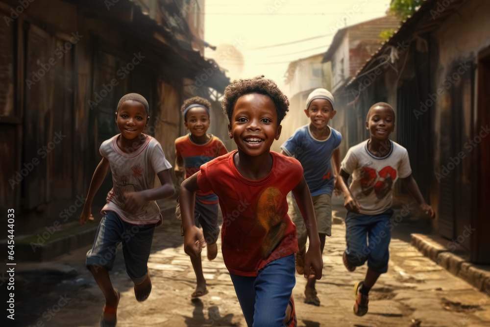 Group of happy black children laugh and run down the street in slum ...