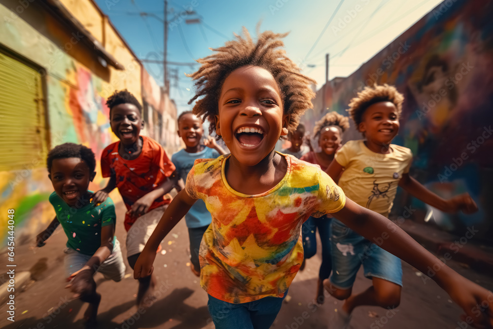 Group of happy black children laugh and run down the street in slum ...
