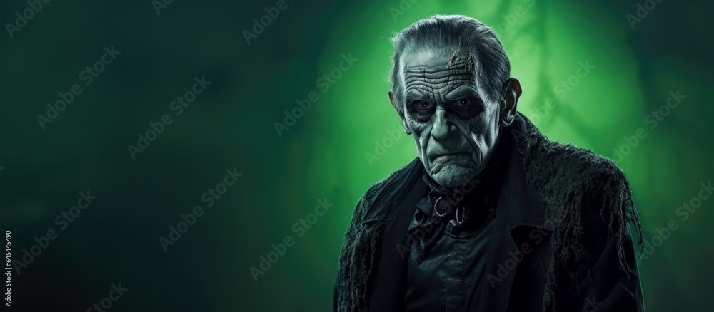 Old man in the iconic costume of a Frankenstein's monster isolated on a ...