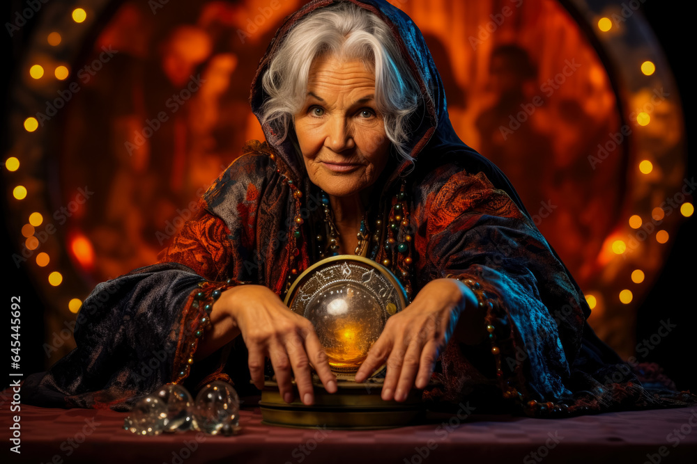 Old woman in the mystical costume of a fortune teller isolated on a ...