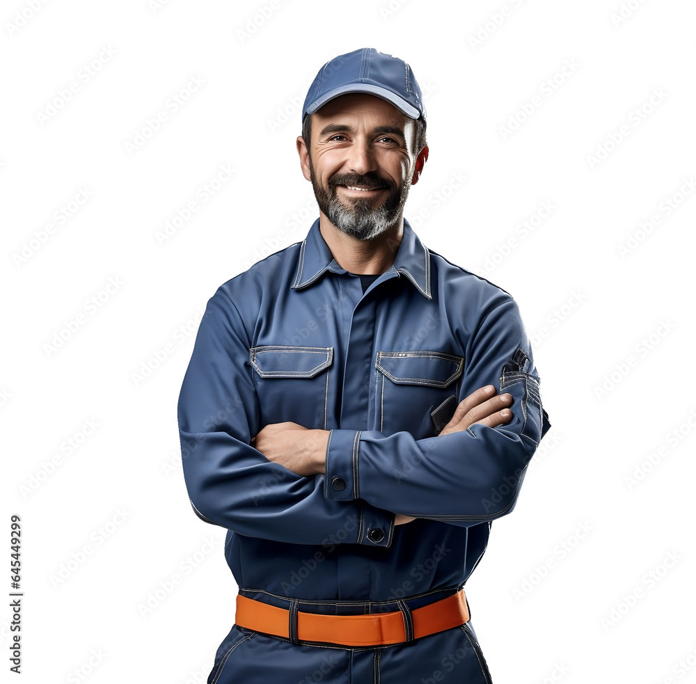 Mechanic standing proudly with his arms crossed on a transparent ...