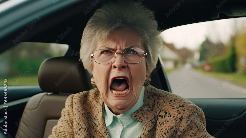 Elderly woman gets angry while driving her car in traffic, she shouting ...