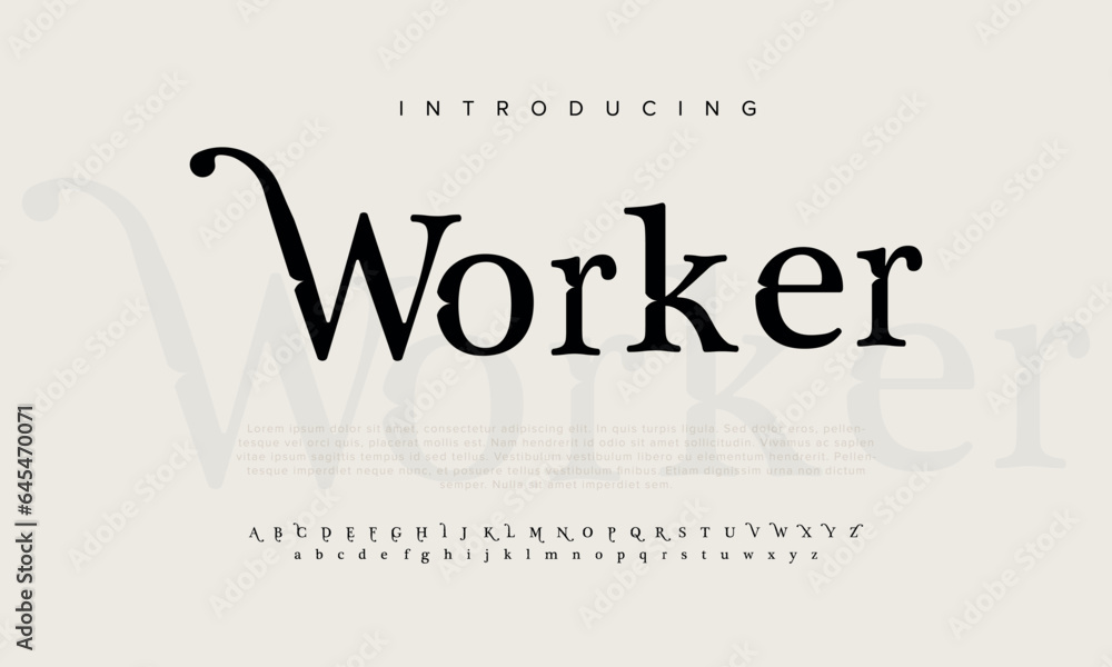 Work, Modern font sharp serif alphabet yellow tall letters. Dynamic ...