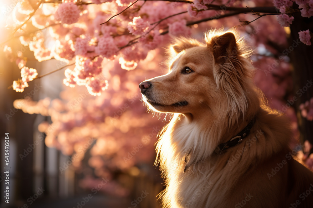 Cute dog sitting next to a cherry tree in sunlight. Under the glow of ...