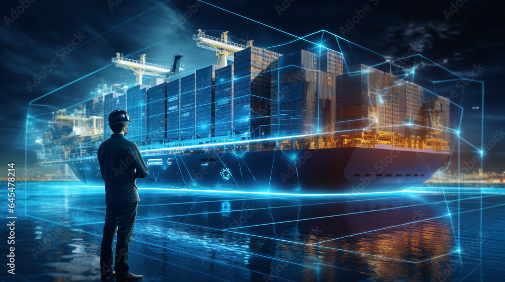 A visual representation of a large cargo ship equipped with AI ...