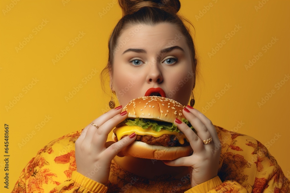 Hungry overweight woman holding a hamburger on a yellow background, she ...