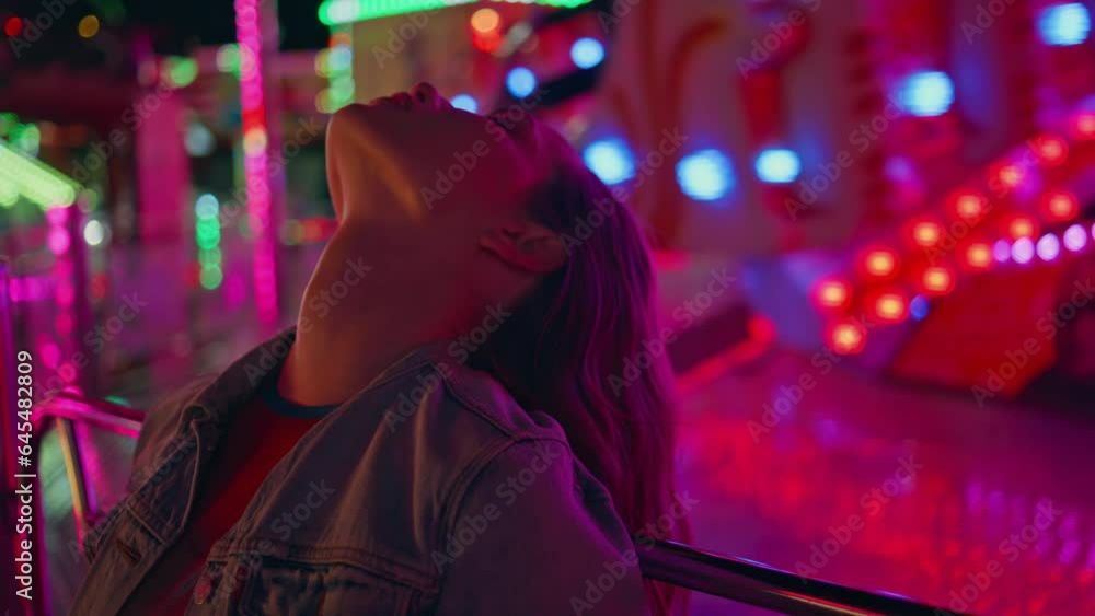 Relaxed girl chill nightlife in neon lights closeup. Sensual woman ...
