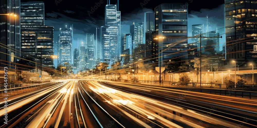 Traffic Moves Swiftly in the Illuminated Night, Amidst the Glowing City ...