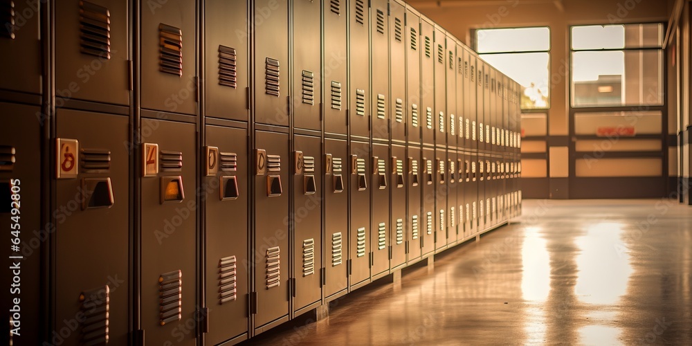 A Row of Metal Lockers Lines the Hallway of a School Building ...