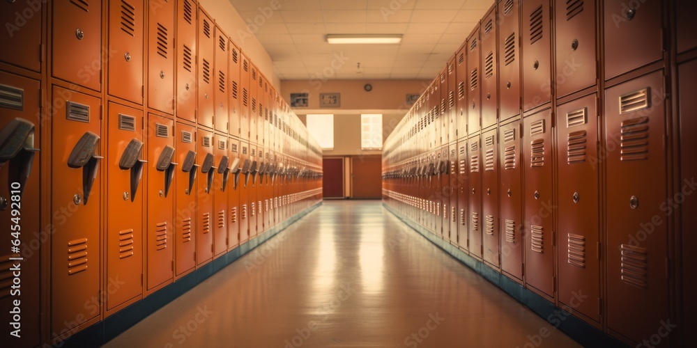 A Row of Metal Lockers Lines the Hallway of a School Building ...