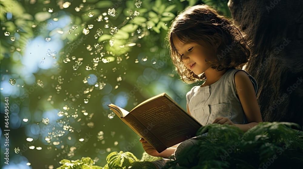 a young boy engrossed in a book under the shade of a majestic linden ...