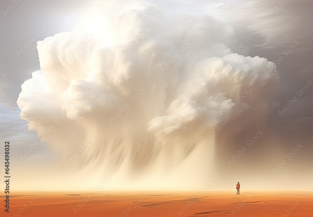 Man going into sandstorm. Dramatic sand storm in desert. Digital art ...
