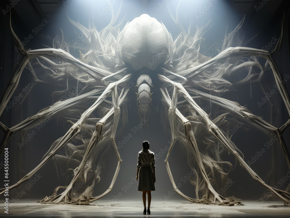 giant white spider is held captive in a bunker. experiments with ...