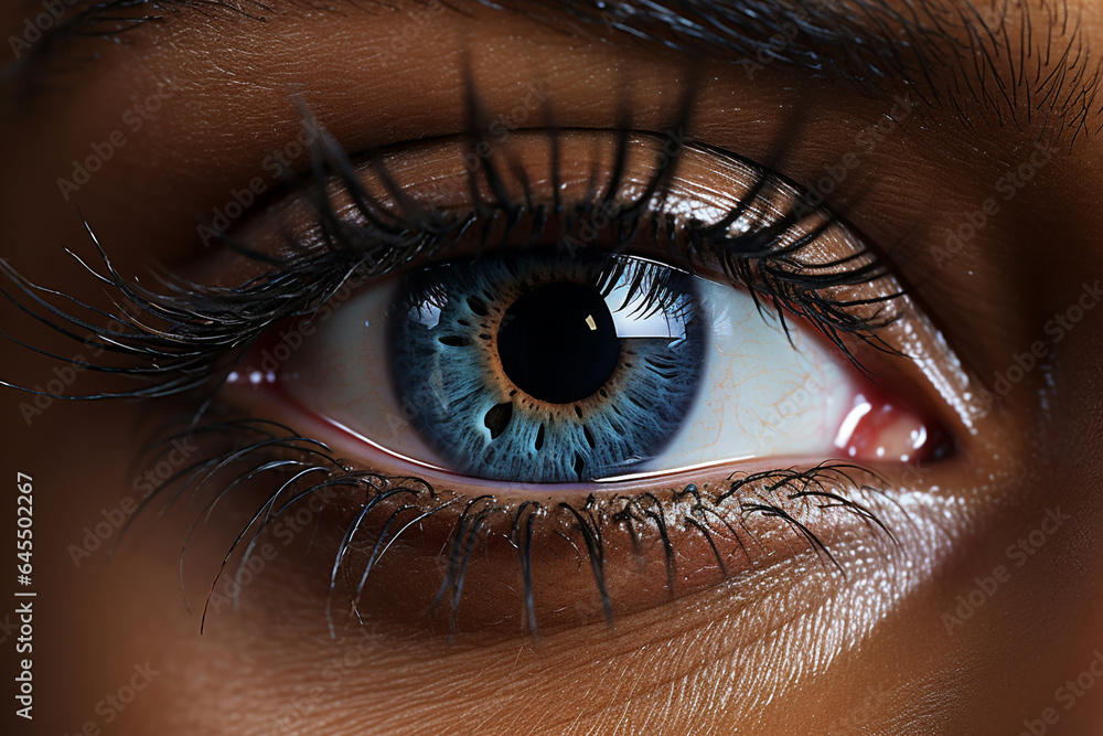 Beautiful african american female eye with colorful deep blue pupil ...