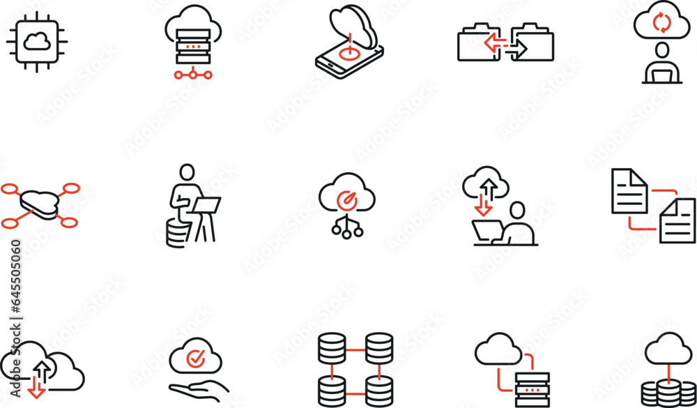Vector set of linear icons related to network cloud service, cloud ...