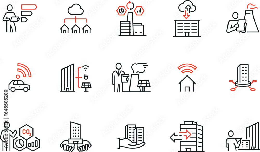 Vector set of linear icons related to building technology, smart houses ...