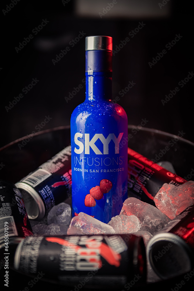 Buenos Aires, Argentina; 09-08-2023: Bottle of Skyy brand raspberry ...