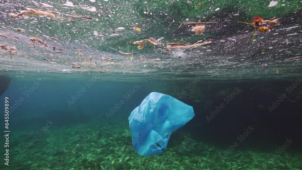 Plastic and other debris floats on surface of water in shallow water in ...