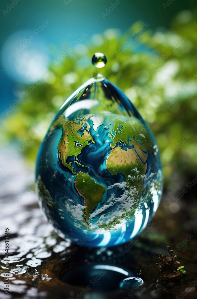 Globe of the world inside a water drop with nature background. Stock ...