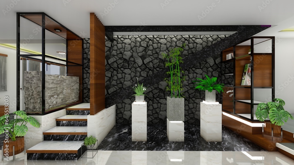 Interior of stairs and downstairs room with Indoor Plants. 3d Rendering ...