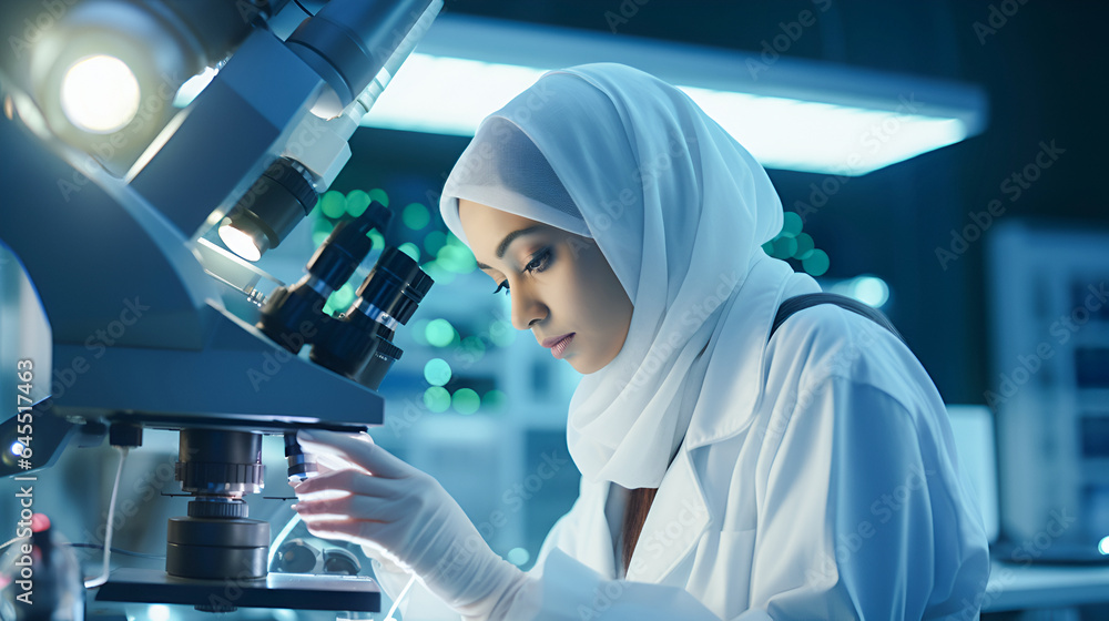 Muslim female doctor wearing a hijab, a scientist looks under a ...
