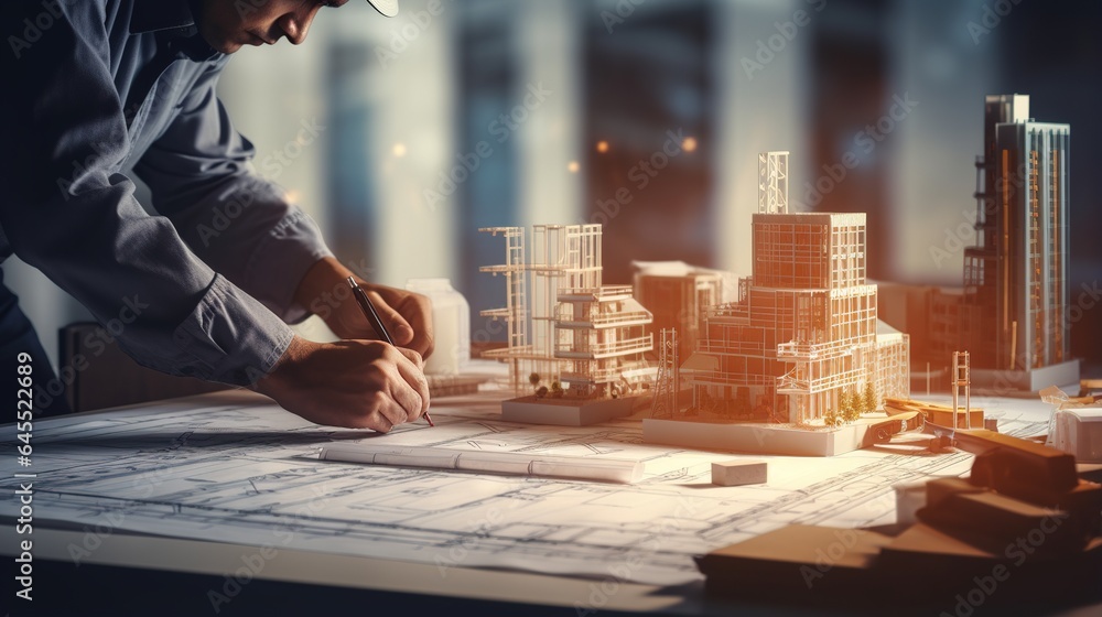 ?ale architect hands building a model house up close. architect man at ...