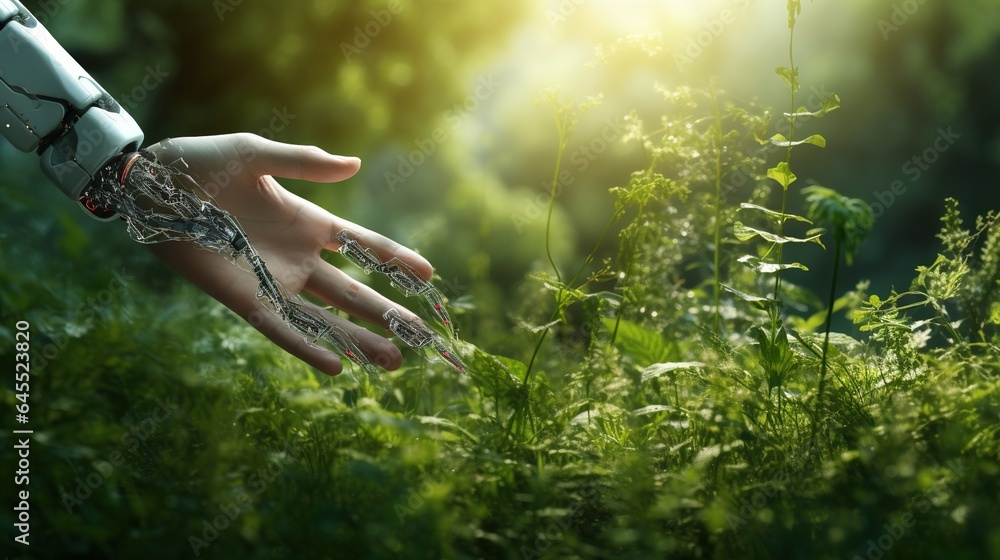 Nature and science abstract concept, robot hand and natural hand ...