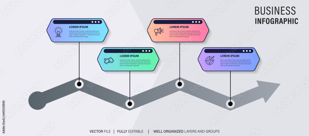 Line step infographic. 4 options workflow diagram, circle timeline ...