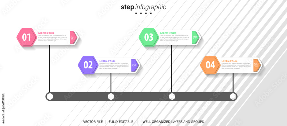 Line step infographic. 4 options workflow diagram, circle timeline ...
