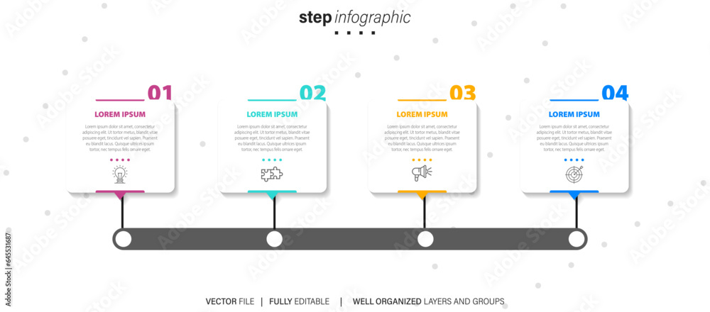 Line step infographic. 4 options workflow diagram, circle timeline ...