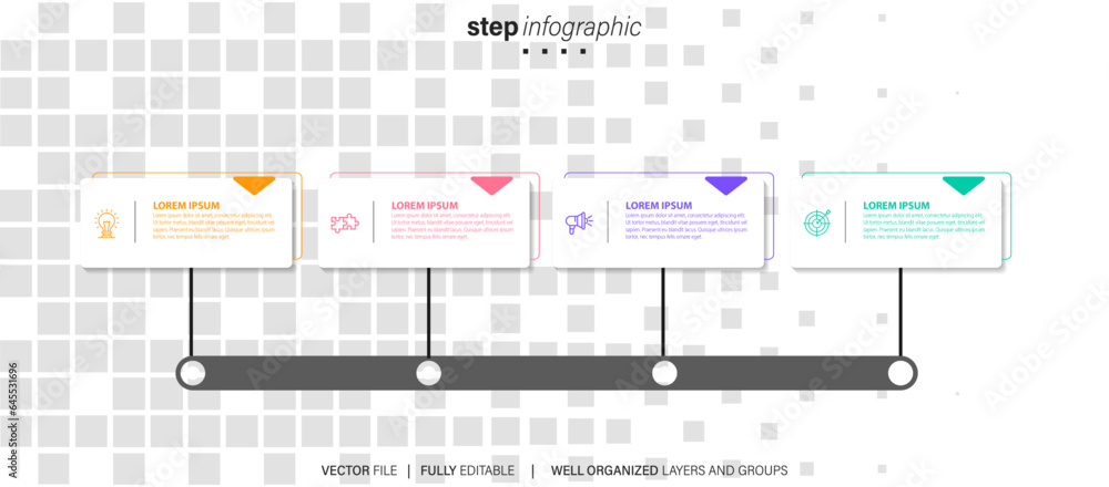 Line step infographic. 4 options workflow diagram, circle timeline ...