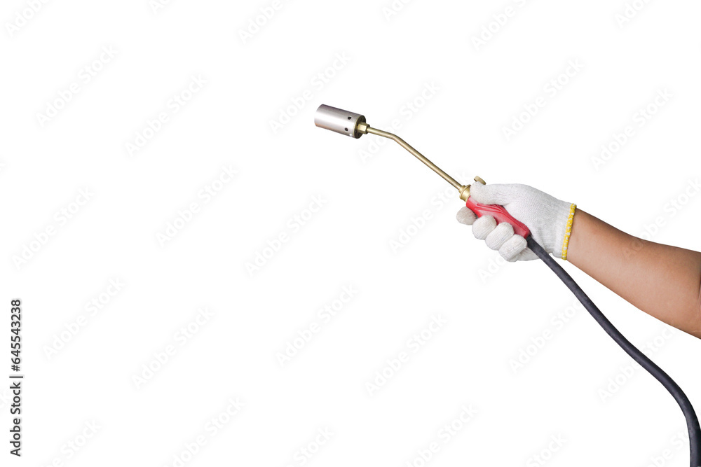 Photograph of white gloved hand holding flamethrower head isolated on ...