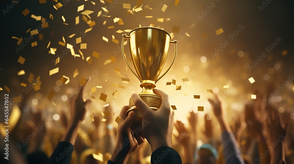 Celebrating hand holding golden trophy middle crowd with confetti Stock ...