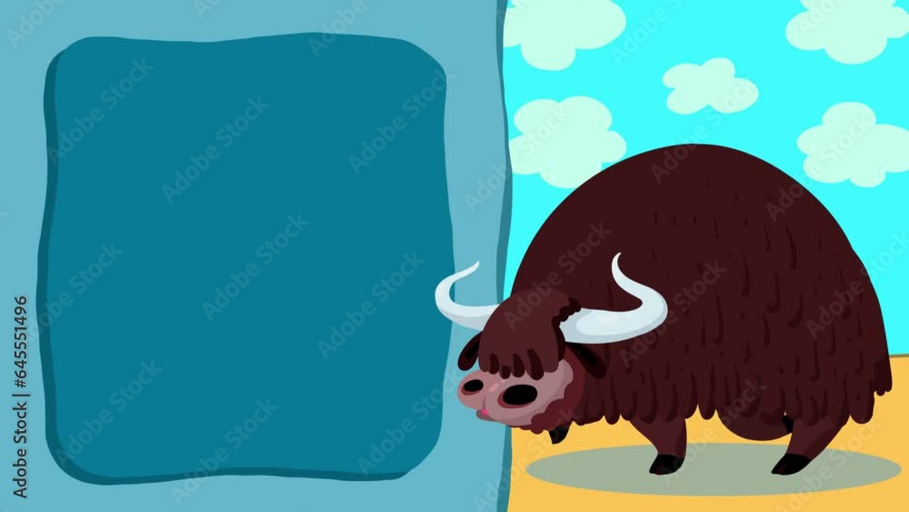 Cartoon character yak animal brown walking loop animation for titles ...