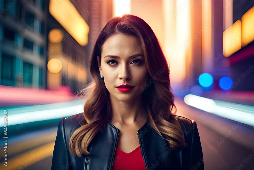 "Italian urban glow: Under neon streetlights, a woman navigates a ...